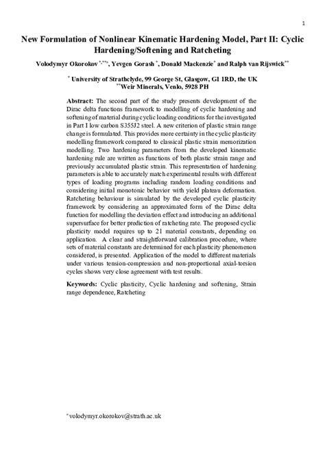 Pdf New Formulation Of Nonlinear Kinematic Hardening Model Part Ii
