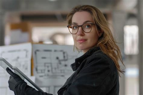 Premium Photo Female Architect Using Tablet Computer Looking To Camera