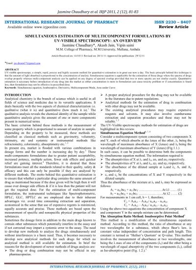 Simultaneous Estimation Of Multicomponent Formulations By Uv Visible Spectroscopy An Overview