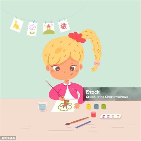 예술과 공예 클래스에서 소녀 그림 어린 아이가 종이에 붓을 들고 나무를 그리며 학교 교실책상에 앉아 있습니다 도구 벡터 일러스트레이션을 갖춘 창의적인 활동 가정의 방에 대한