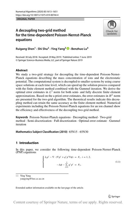 A Decoupling Two Grid Method For The Time Dependent Poisson Nernst Planck Equations Request Pdf