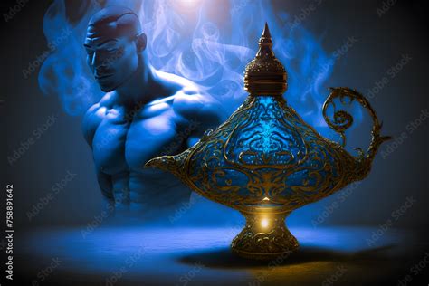Lamp Of Wishes Magic Light Blue Smoke Coming Out Of The Bottle And A
