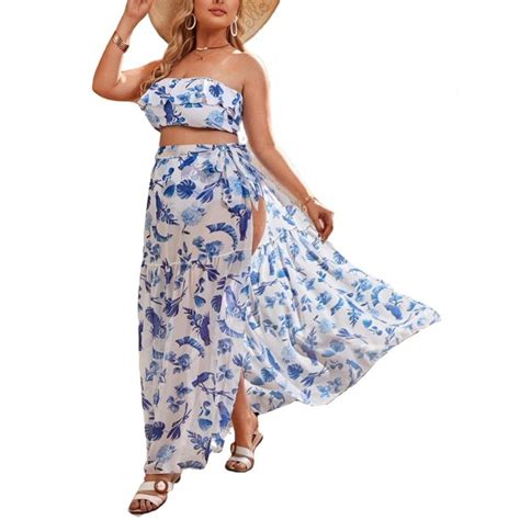 3pack Boho All Over Print Bandeau Blue And White Plus Size Bikini Sets Womens Plus