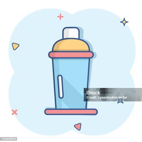 코믹 스타일의 셰이커 칵테일 아이콘 흰색 고립 된 배경에 알코올 병 만화 벡터 그림 바 드링크 스플래시 효과 비즈니스 컨셉 건강