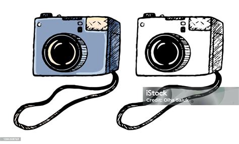 손으로 그린 벡터 그림 흰색으로 격리된 윤곽및 색상 도면 집합입니다 소형 여행 카메라 디자인 카드 인쇄 포스터용 낙서 요소