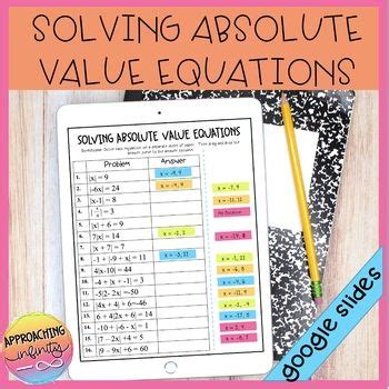 Solving Absolute Value Equations Activity Google Slides And Worksheet Absolute Value Equations