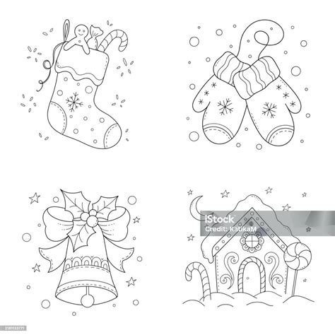 크리스마스 장식 세트입니다 사탕이 있는 진저브레드 하우스 벨 선물용 스타킹 눈송이가 있는 겨울 장갑 성인과 어린이를 위한 색칠 스트레스 해소 손으로 그리기 벡터 그림입니다