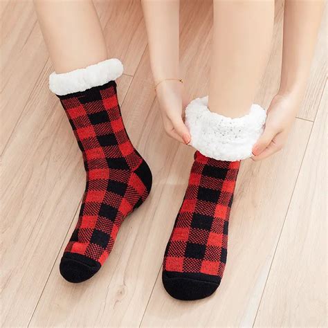 Christmas Plaid Womens Warm Fuzzy Slipper Socks Fluffy Socks Cozy Non
