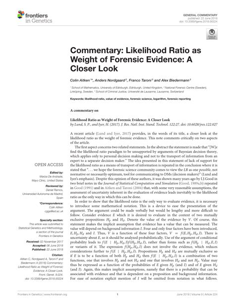 Pdf Commentary Likelihood Ratio As Weight Of Forensic Evidence A Closer Look