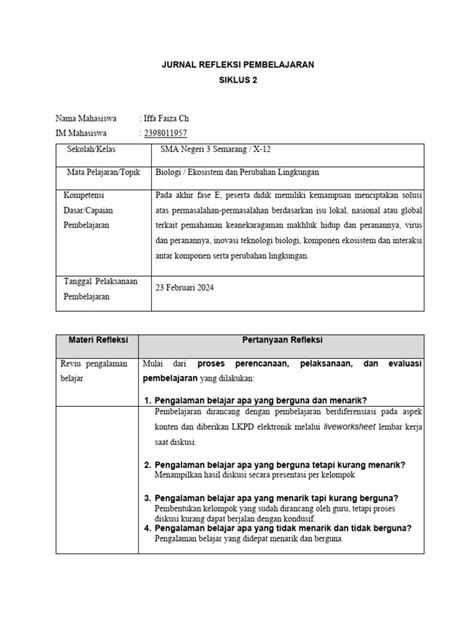 Siklus 2 Jurnal Refleksi Pembelajaran Siklus 2 Iffa Ppl 2 Pdf