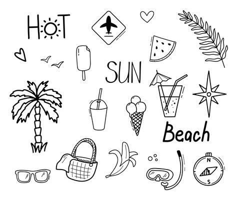Summer Vector Outline Icons Set In Doodle Style Beach And Travel
