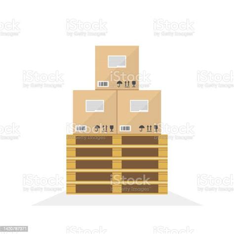 나무 팔레트에 골판지 상자 바코드와 픽토그램 및 텍스트 스티커와 저장 및화물을위한 판지 소포 더미에 대한 스톡 벡터 아트 및