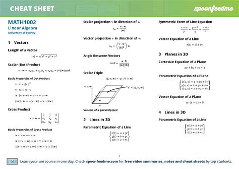Math1002 Linear Algebra Cheatsheet Math Linear Algebra University Of Sydney 1 Vectors Length