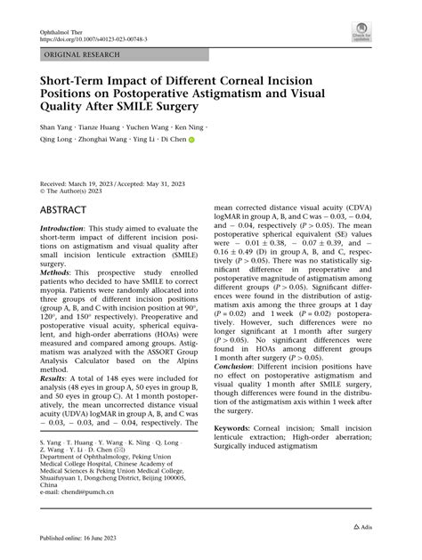 Pdf Short Term Impact Of Different Corneal Incision Positions On