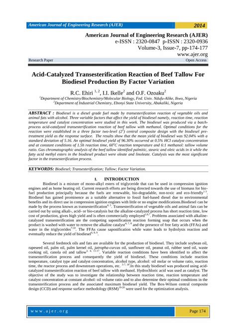 Pdf Acid Catalyzed Transesterification Reaction Of Beef Tallow 7v037174177pdf · American
