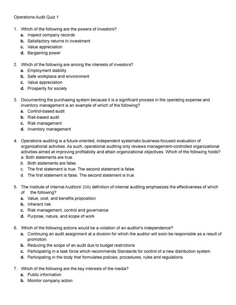Operations Audit Quiz Inspect Company Records B Satisfactory Returns In Investment C Value
