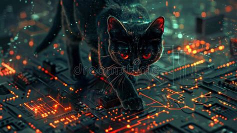 A Black Cat Walks On The Digital Circuit Board Futuristic Illustration Stock Illustration