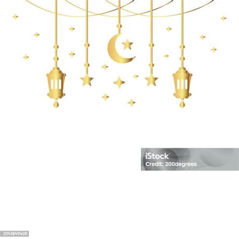 황금 교수형 아랍 전통 라마단 카림 랜턴 이드 Fitr 또는 아다 무바라크 램프 인사 금색 초승달 와 노란 별 상징 윤곽선 아이콘 벡터 일러스트 레이 션 0명에 대한 스톡