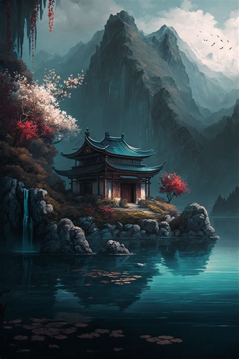 国风园林风景数字插画图片 包图网