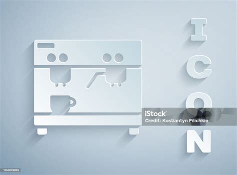 회색 배경에 격리 된 종이 잘라 커피 기계 아이콘 종이 아트 스타일 벡터 일러스트레이션 3차원 형태에 대한 스톡 벡터 아트 및 기타 이미지 3차원 형태 가정 생활