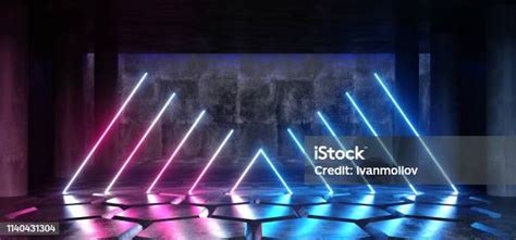 빈 육각형 타일 공상 과학 Fi 미래 콘크리트 홀 차고 지 하 방 네온 빛나는 레이저 활기찬 보라색 블루 라인 건설 형광 조명 가상 무대 댄스 반사 3d 렌더링 0명에 대한