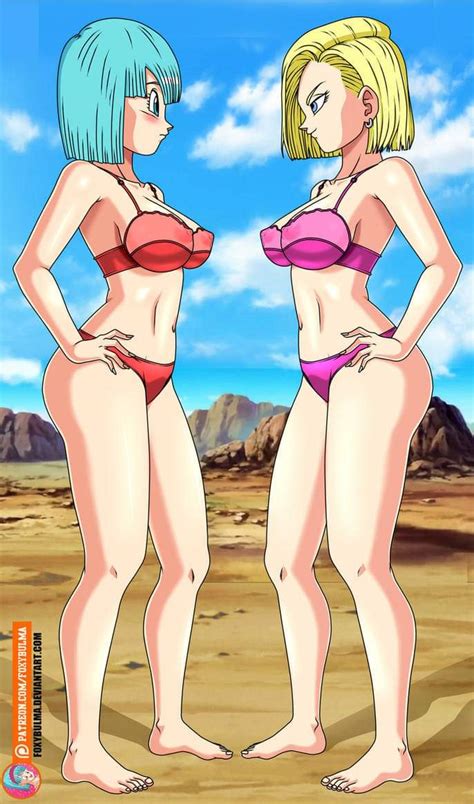 Rule 34 2girls 2milfs Android 18 Bikini Blonde Hair Blue Hair Blush