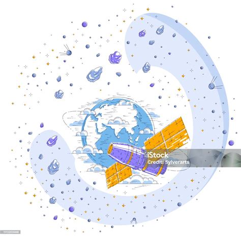 지구 주위를 도는 우주 정거장 우주 비행 우주선 우주선은 태양 전지 패널 인공 위성 별과 다른 요소에 둘러싸여 있습니다 가는 선 3d 벡터 그림입니다 경외감에 대한 스톡