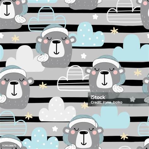 재미 테 디 베어와 함께 귀여운 완벽 한 패턴입니다 벡터 일러스트입니다 곰과 구름 무늬 곰에 대한 스톡 벡터 아트 및 기타 이미지 곰 귀여운 나이트캡 Istock
