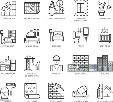 편평한 얇은 라인 인테리어 디자인 및 건물의 아이콘을 설정 인테리어 디자이너에 대한 스톡 벡터 아트 및 기타 이미지 인테리어 디자이너 모델하우스 내부 벽 Istock