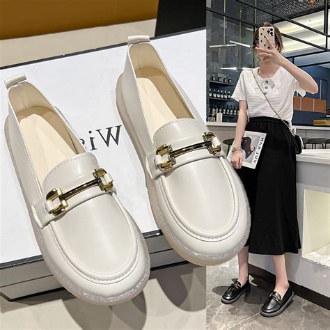 白色软底小皮鞋女夏季薄款英伦百搭平底豆豆鞋懒人一脚蹬乐福单鞋虎窝淘