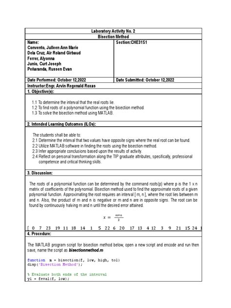 Group 6 Laboratory Activity 2 Bisection Method Pdf Mathematical
