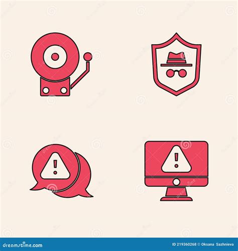 Set Monitor With Exclamation Mark Ringing Alarm Bell Incognito Mode And Exclamation Triangle
