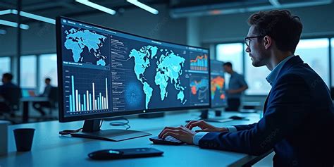 소송을 입은 사람은 세계지도 및 차트를 표시하는 대형 모니터에 대한 데이터를 분석합니다 정장을 입은 사람 데이터 분석 대형 모니터 배경 일러스트 및 사진 무료 다운로드