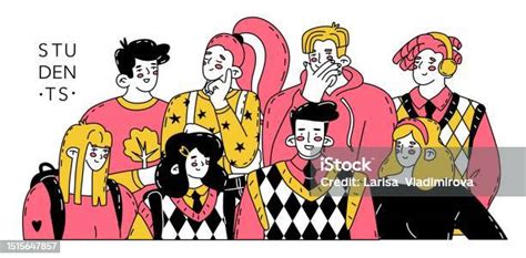 학생 그룹입니다 교육과 대학 생활을 주제로 한 사람들의 구성 수요가 많은 직업을 가르치고 있습니다 새로운 세대의 젊은이들 벡터 그림입니다 십대에 대한 스톡 벡터 아트 및