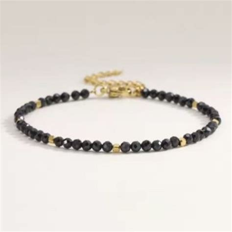 Много нежна гривна за крак или ръка от естествен камък черен лъскав ахат 3 мм топче позлатени