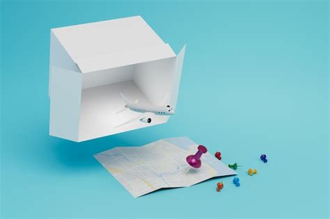 비행기로 여행하는 비행기가 상자 밖으로 날아가고 버튼이 있는 지도 3d 렌더링 프리미엄 사진
