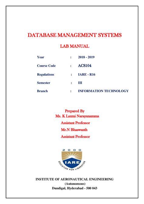 DBMS LAB Manual 2018 Cse DATABASE MANAGEMENT SYSTEMS LAB MANUAL