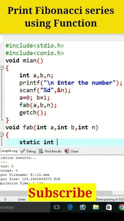 Print Fibonacci Series Using Function In C Shorts Coding Youtube