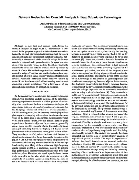 Pdf Network Reduction For Crosstalk Analysis In Deep Submicron Technologies