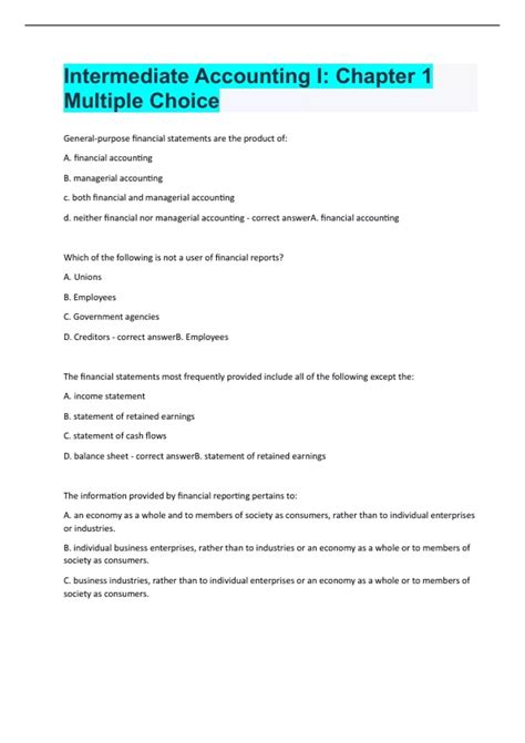 Intermediate Accounting I Chapter 1 Multiple Choice Question And Answers Latest Update 2024