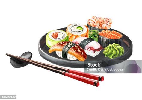 젓가락을 곁들인 일본 초밥 손으로 그린 수채화 그림 흰색 배경에 고립 생선 초밥에 대한 스톡 벡터 아트 및 기타 이미지 생선