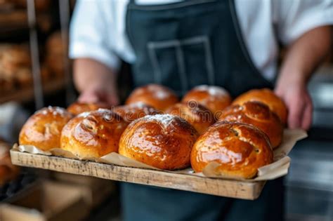 Baker Presents A Tray Of Hot Fresh Buns Generative Ai Stock Image
