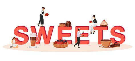 과자 단어 개념 플랫 컬러 벡터 배너 맛있는 레스토랑 페이스트리 과일이 있는 디저트 작은 만화 캐릭터와 고립 된 타이포그래피