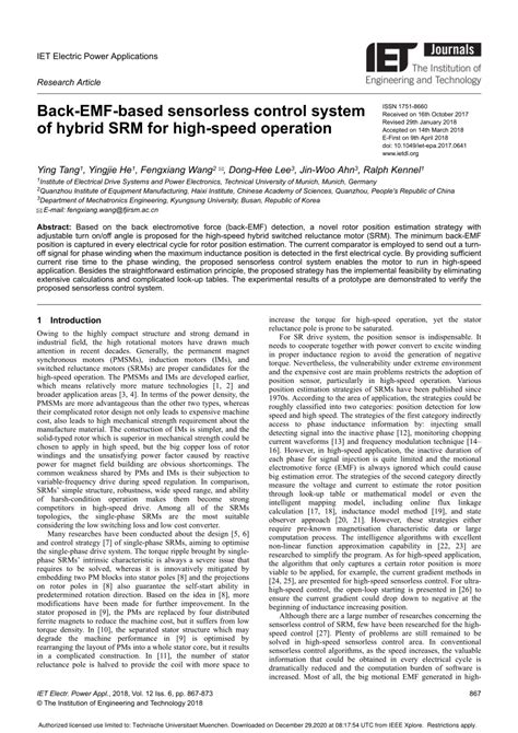 Pdf Back Emf Based Sensorless Control System Of Hybrid Srm For High Speed Operation