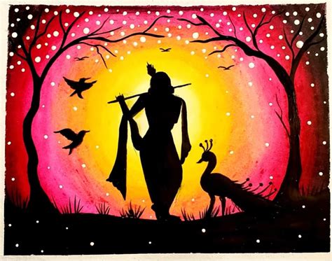 A Painting Of A Woman Holding A Flute In Front Of Trees With Birds Flying Around