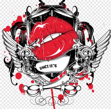 그런 지 티셔츠 디자인 붉은 입술 꽃 날개 복고풍 Png Pngwing