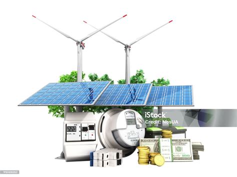 에너지 절약에 태양 전지 패널 및 전기 3d 렌더링의 미터 근처 풍차의 개념 백색 그림자 태양전지판에 대한 스톡 사진 및 기타 이미지 태양전지판 투자 가격 Istock