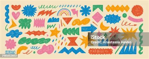 펑키한 추상적인 기하학적 모양과 색색의 크레용으로 그려진 인물 낙서 현대 인물 별 아치 구름 화살표 스티커에 대한 스톡 벡터 아트 및 기타 이미지 Istock