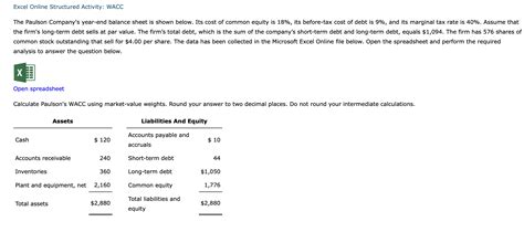 Solved Excel Online Structured Activity WACCanalysis To Chegg Com