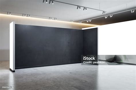 텅 빈 전시 벽이 있는 텅 빈 모던 인테리어 트랙 조명으로 비추는 회색 배경 갤러리 공간 컨셉 3d 렌더링 0명에 대한 스톡 사진 및 기타 이미지 Istock